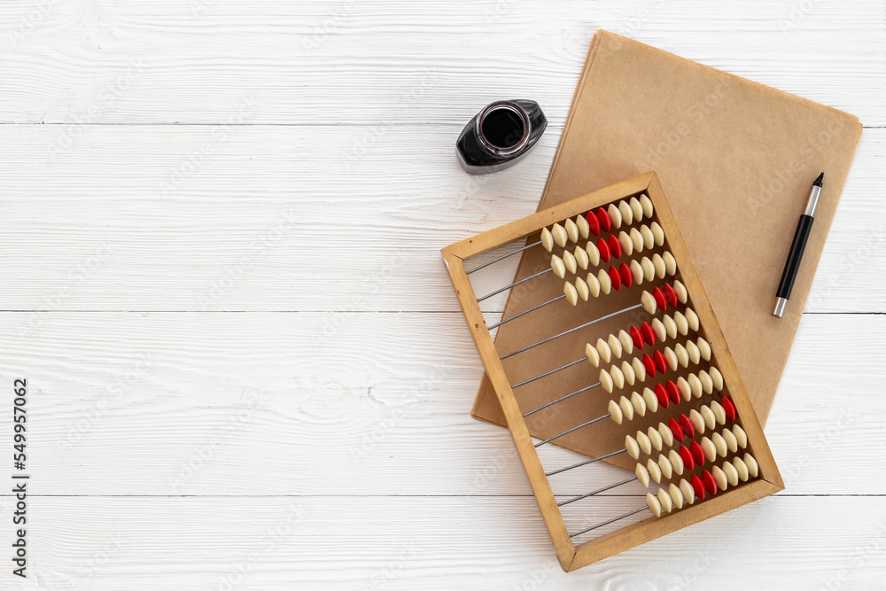 Old accounting wooden abacus with blank sheet of paper Stock Photo ...