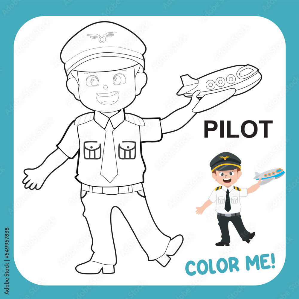 Kids’ dream job theme coloring page for kids. A cute little pilot with ...