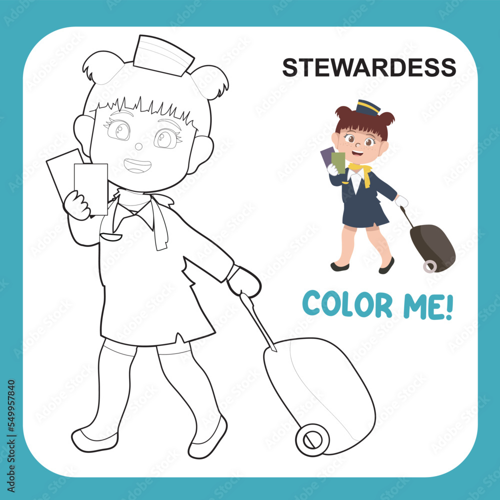 Kids’ dream job theme coloring page for kids. A cute stewardess holding ...