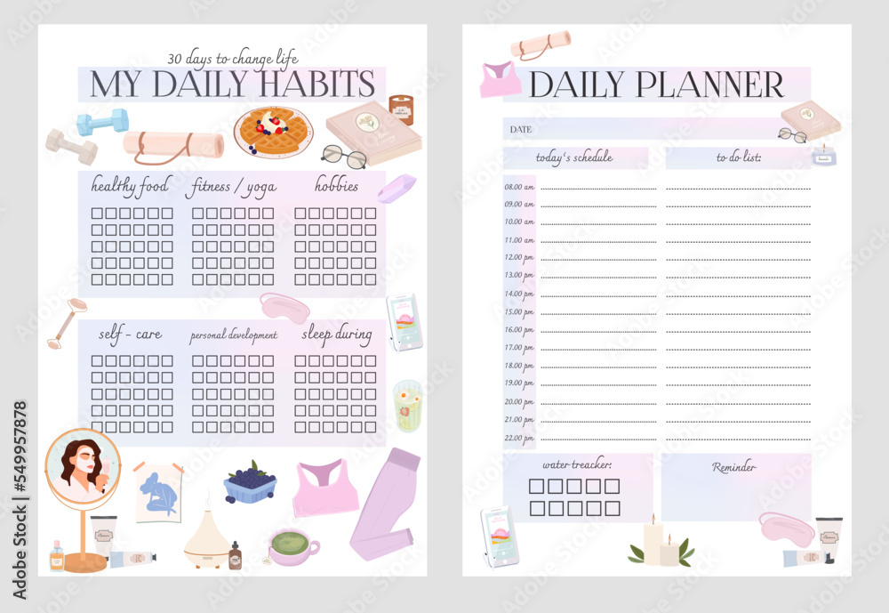 Collection of planner and daily habits check list. Schedules and daily ...