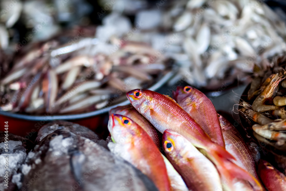 Poster Fresh fish at the seafood market. Fish on the market stalls ...