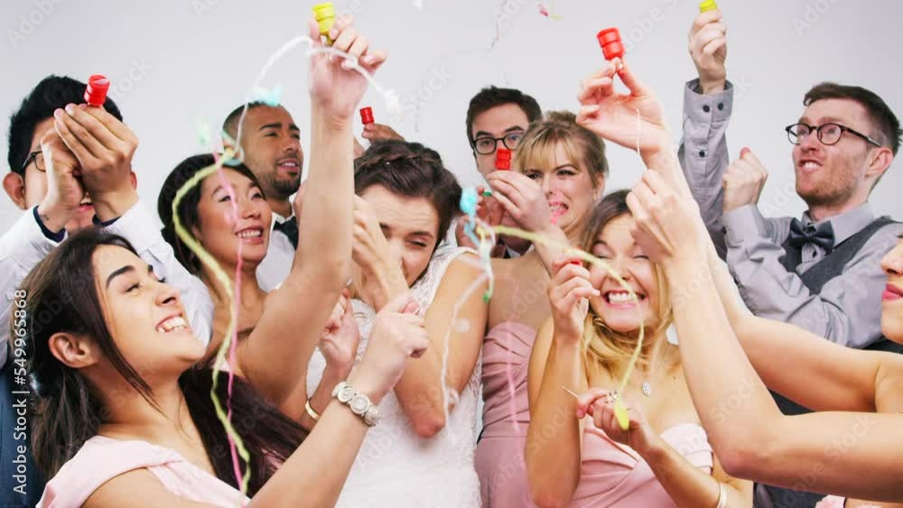 Friends, party confetti and celebration with dance, energy and freedom ...