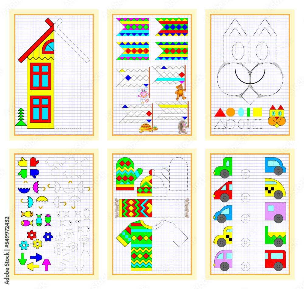 Set of educational pages on square paper for little children. Coloring ...