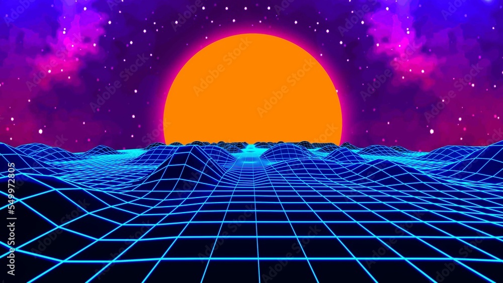 Retro wave, synthwave digital city landscape. Sunset view from over the ...