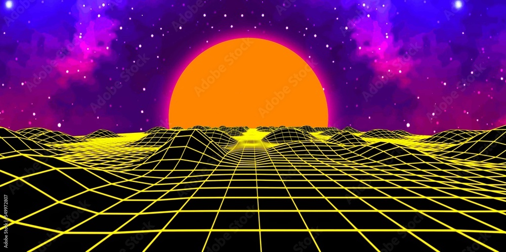 Retro wave, synthwave digital city landscape. Sunset view from over the ...