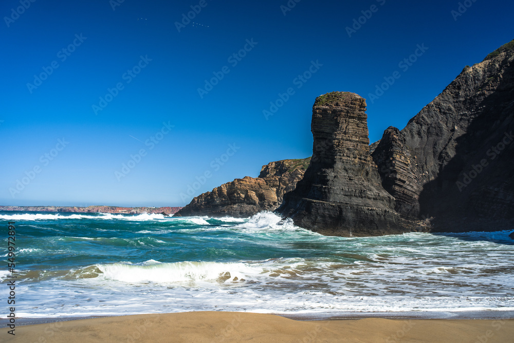 ocean view in Portugal. coast, steep cliffs, empty beaches, wild nature ...