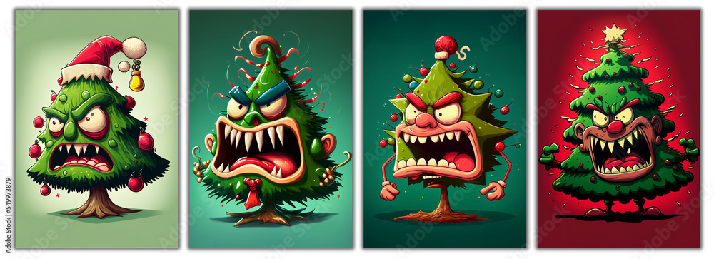 Set of caricatures of Christmas trees. Christmas trees with angry faces ...