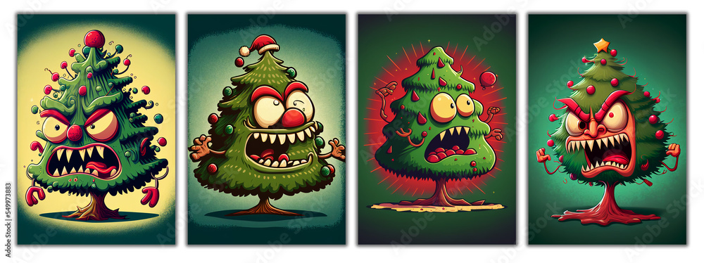 Set of caricatures of Christmas trees. Christmas trees with angry faces ...