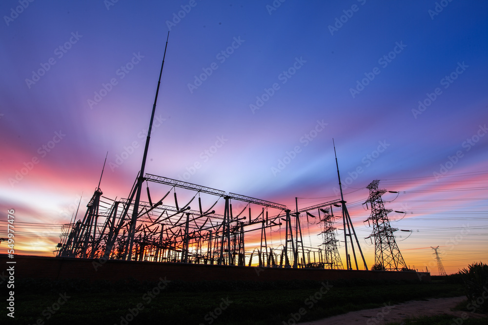 Substation in the evening, High voltage substation and beautiful sunset ...
