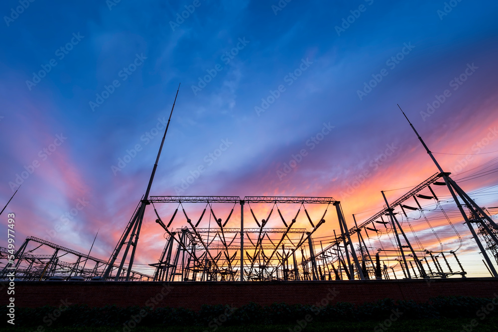 Substation in the evening, High voltage substation and beautiful sunset ...