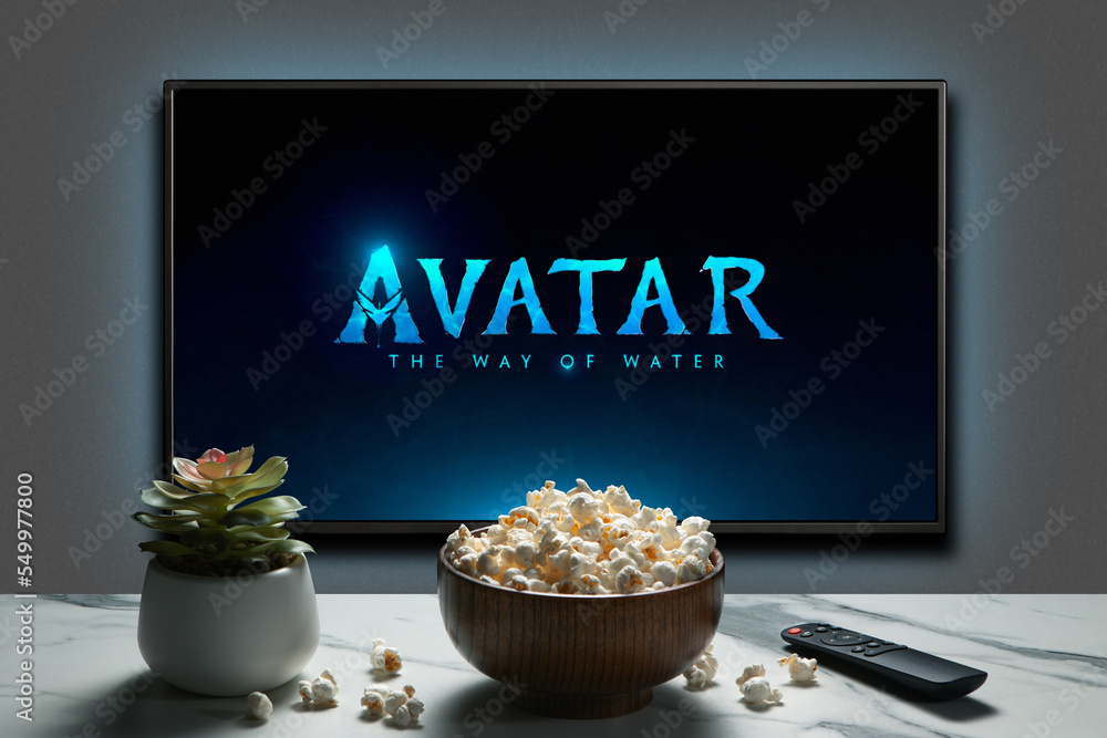 TV screen playing Avatar the way of water trailer or movie. TV with ...