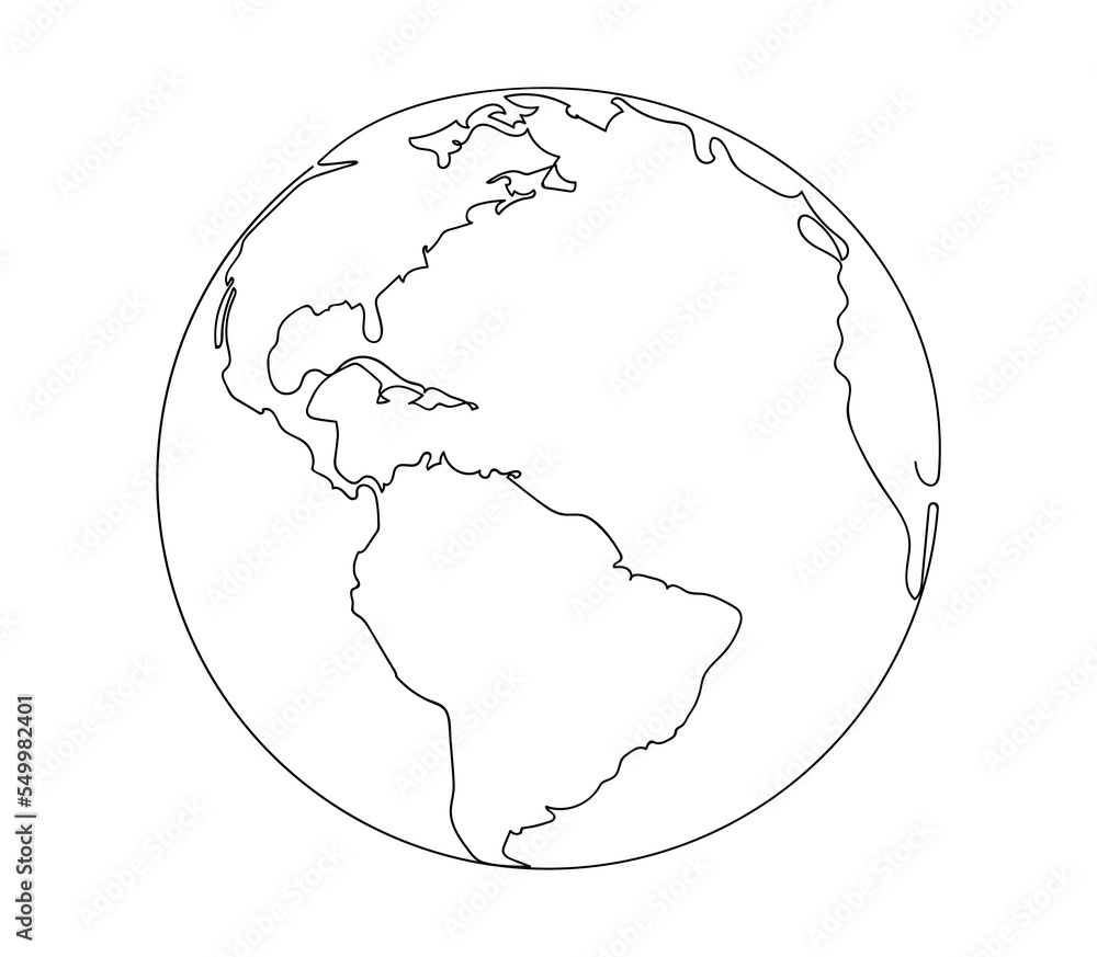 Continuous line art or one line drawing of global vector on white ...