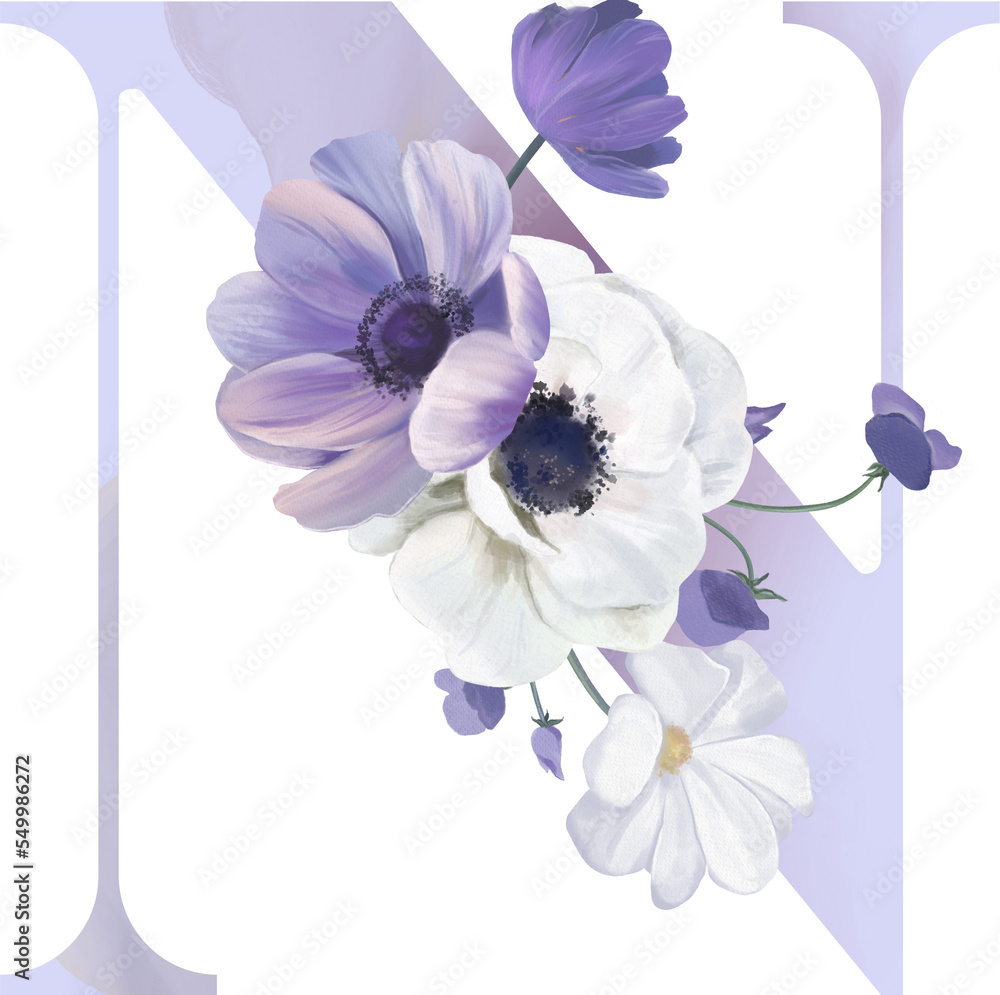 Alphabet, purple floral letter with watercolor painting, flowers, roses ...