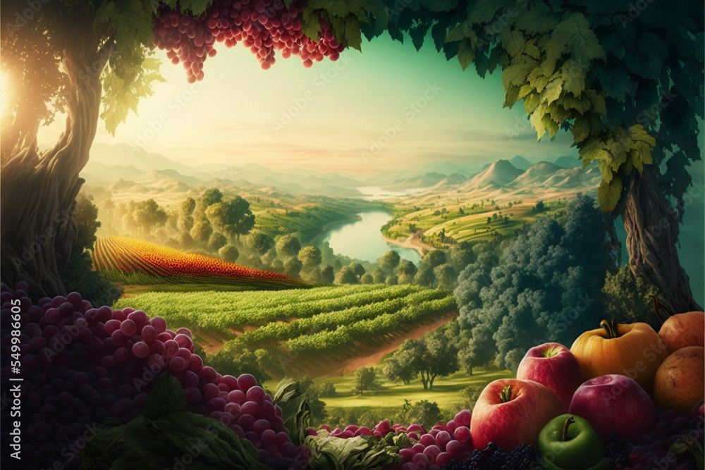 Concept art illustration of fruits and vegetables in a beautiful ...