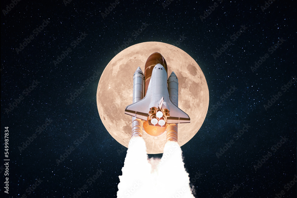 New space rocket shuttle with blast takes off into starry space with ...