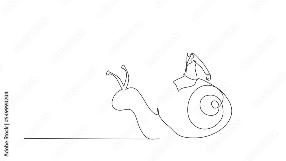 Self drawing animation of single line draw businesswoman rides snail ...