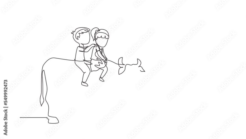 Self drawing animation of single line draw boy and girl riding cow ...