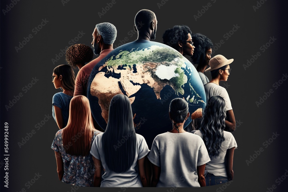 Group of people and the earth's globe on a gray background - the ...