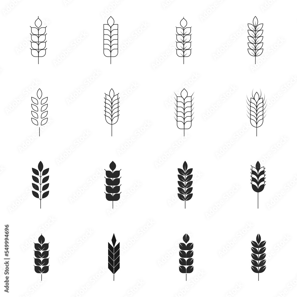 Wheat icons set. Wheat ear of various shapes, linear icon collection ...