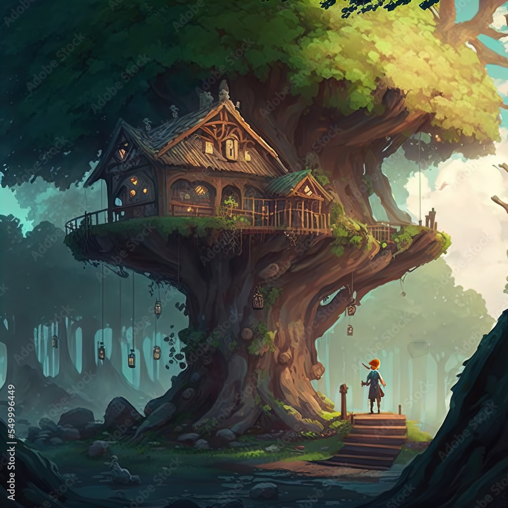 Fantasy treehouse. Dwelling of magical creatures like elves, gnomes ...