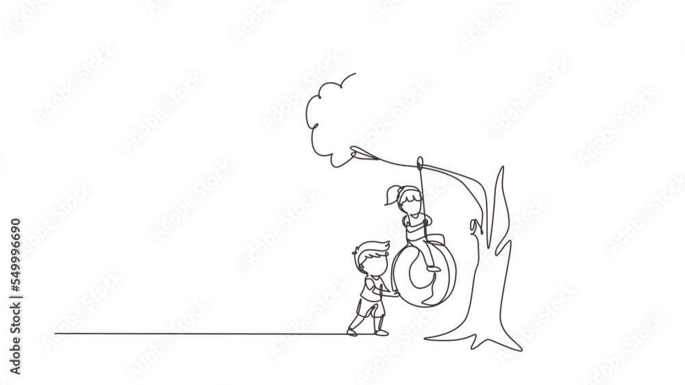 Self drawing animation of single line draw boys and girls playing tire ...