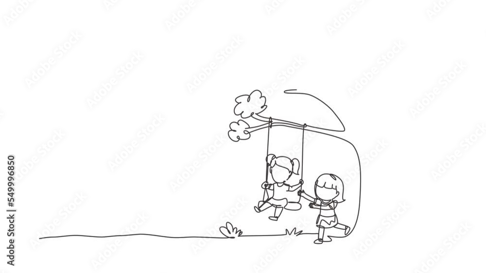 Self drawing animation of single one line draw happy two girls playing ...