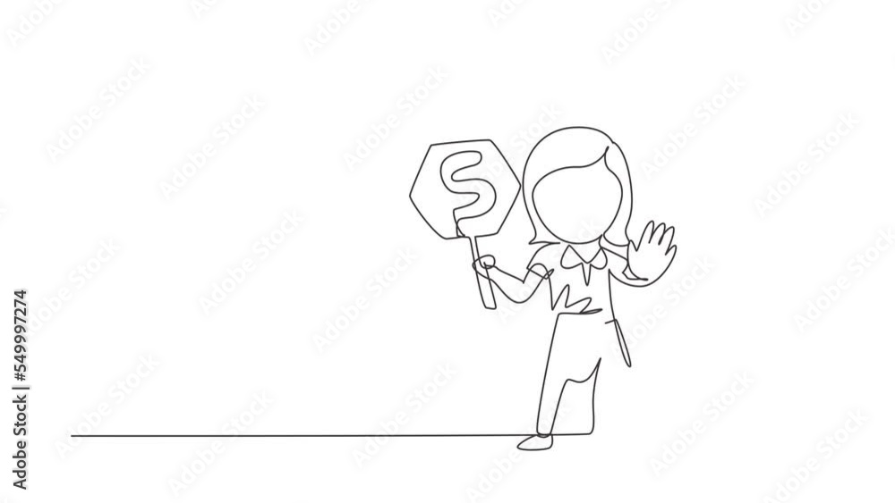 Animated self drawing of continuous line draw girl holding stop sign in ...