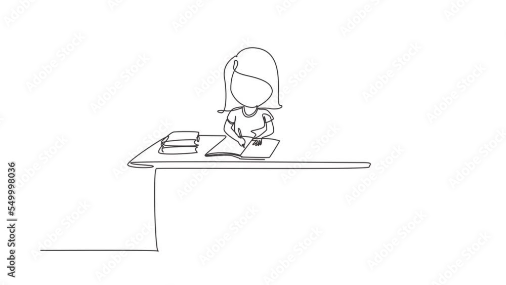 Animated self drawing of continuous line draw girl studying on table ...