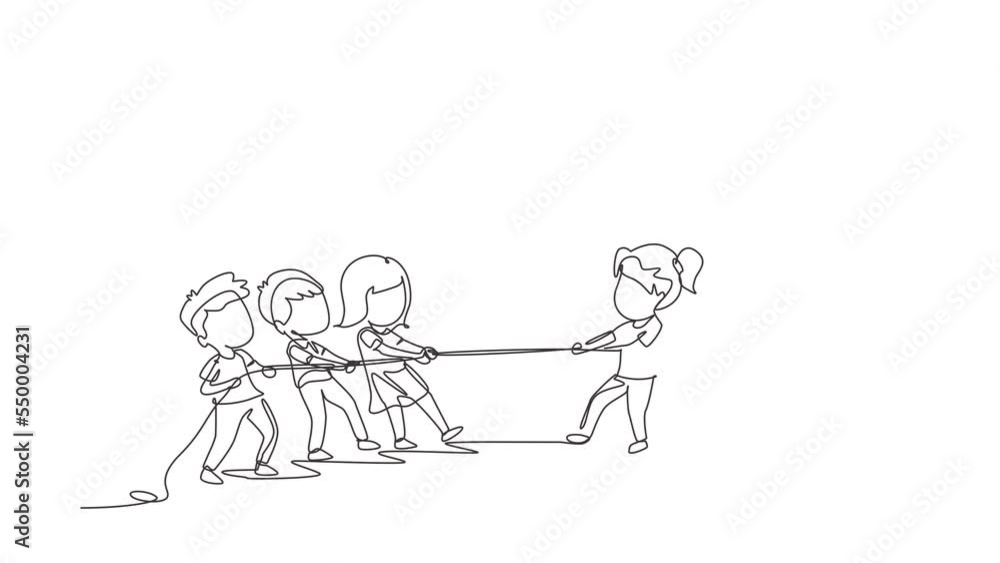 Animated self drawing of continuous line draw group of children playing ...