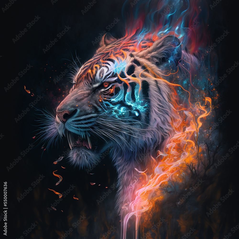 A golden tiger, golden fire, long tail, lightning, light effect, ultra ...