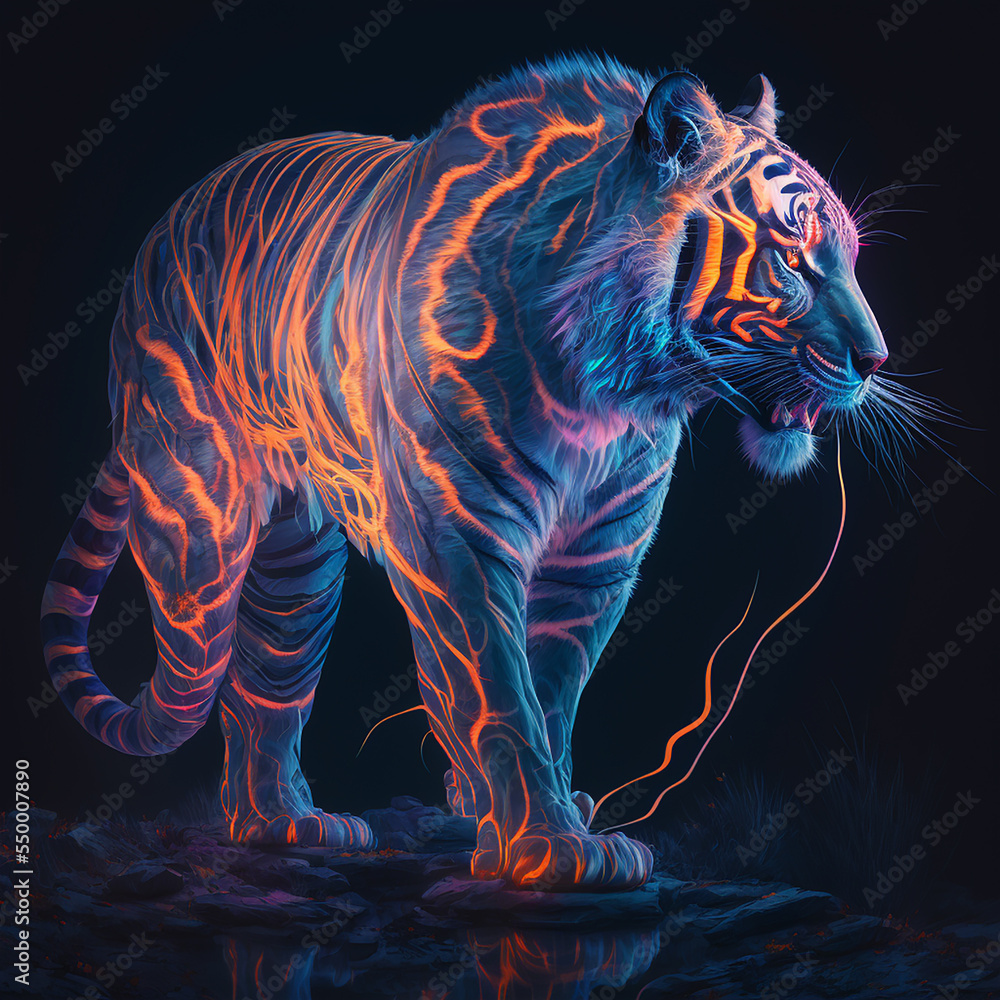 A golden tiger, golden fire, long tail, lightning, light effect, ultra ...