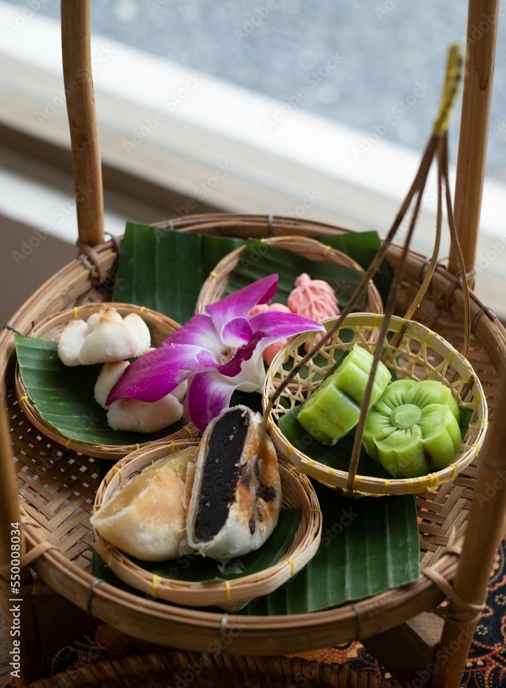 Thai traditional dessert concept, Assorted thai desserts served in a ...