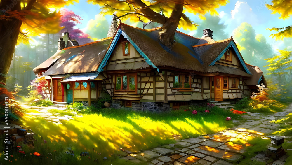 an old, enchanted and overgrown wooden house / mansion with elaborate ...