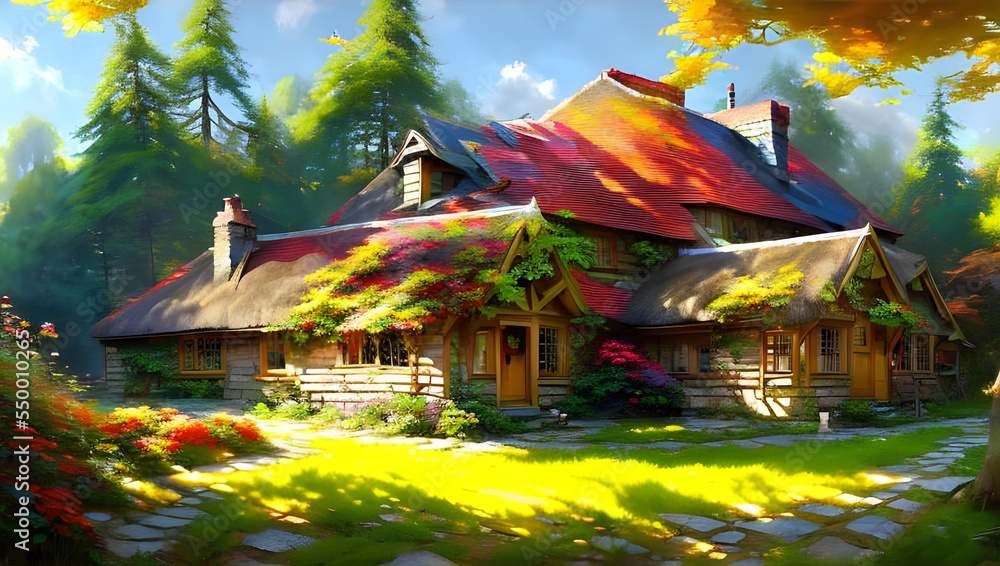 an old, enchanted and overgrown half-timbered house with elaborate wall ...