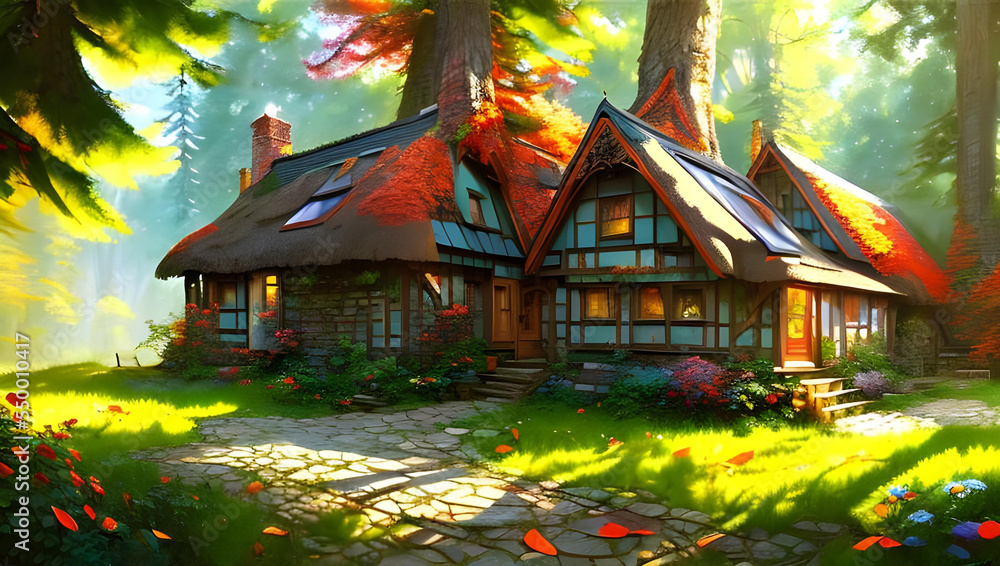 an old, enchanted and overgrown wooden house / mansion with elaborate ...