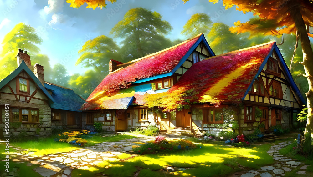 an old, enchanted and overgrown half-timbered house with elaborate wall ...