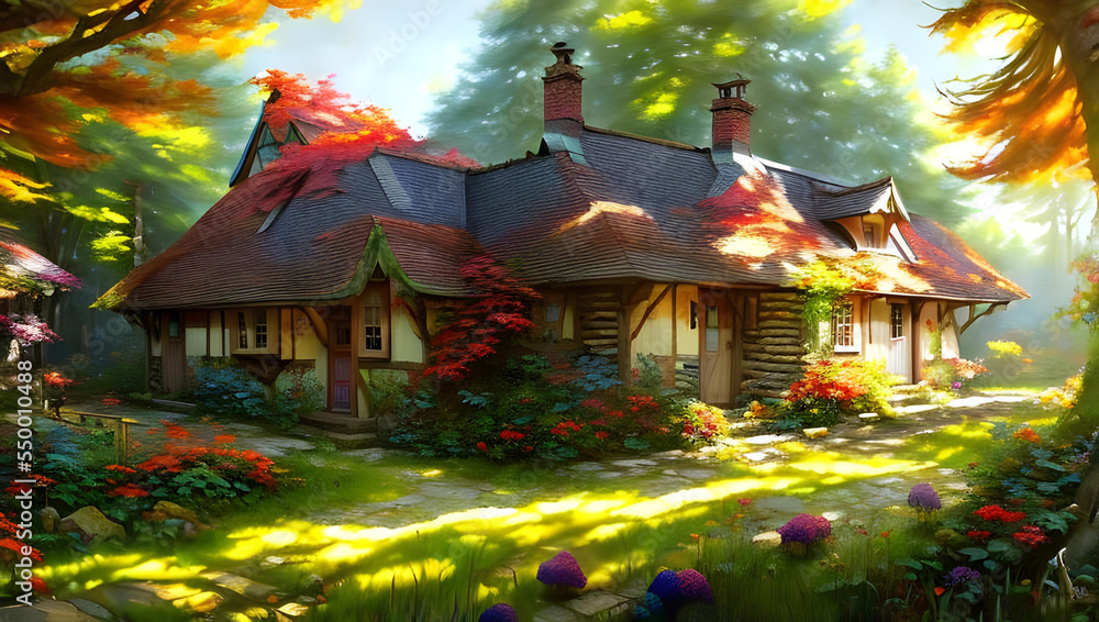 an old, enchanted and overgrown wooden house / mansion with elaborate ...