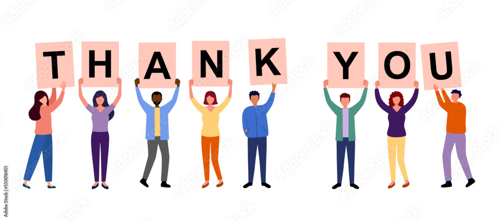 People show thank you message via text sign in flat design on white ...