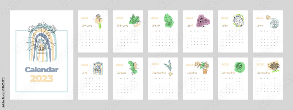 Boho floral calendar for 2023 year. Monthly calendar pages set ...