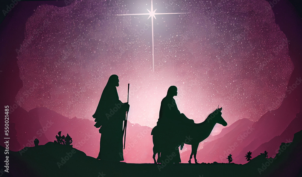 illustration Christmas nativity neon scene of born child baby Jesus ...