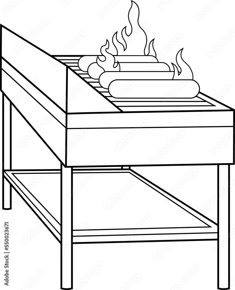 Outlined Cartoon Barbecue With Grilling Sausages. Vector Hand Drawn ...