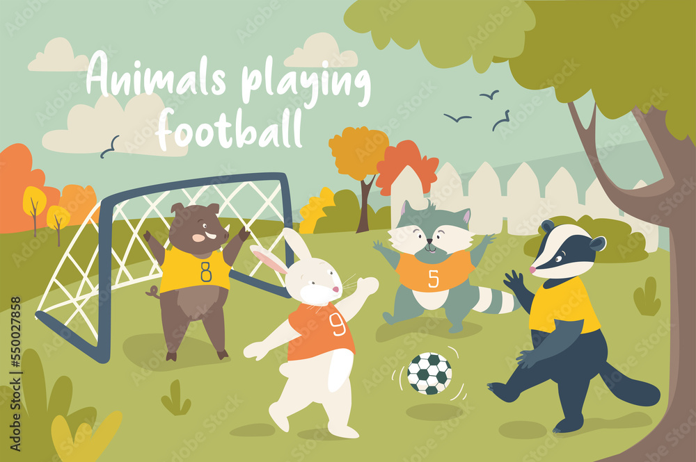 Animals playing football concept background. Rabbit, badger and raccoon ...