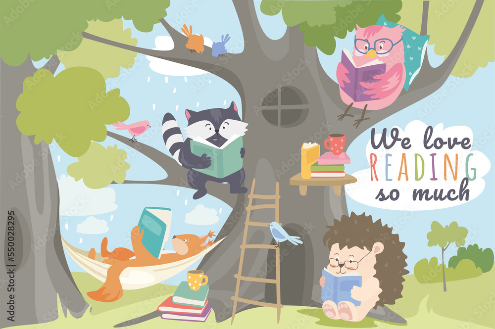 Cute animals reading books concept background. Pets love to read. Owl ...
