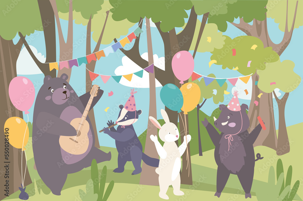 ภาพประกอบสต็อก Animals at birthday party concept background. Cute pets ...