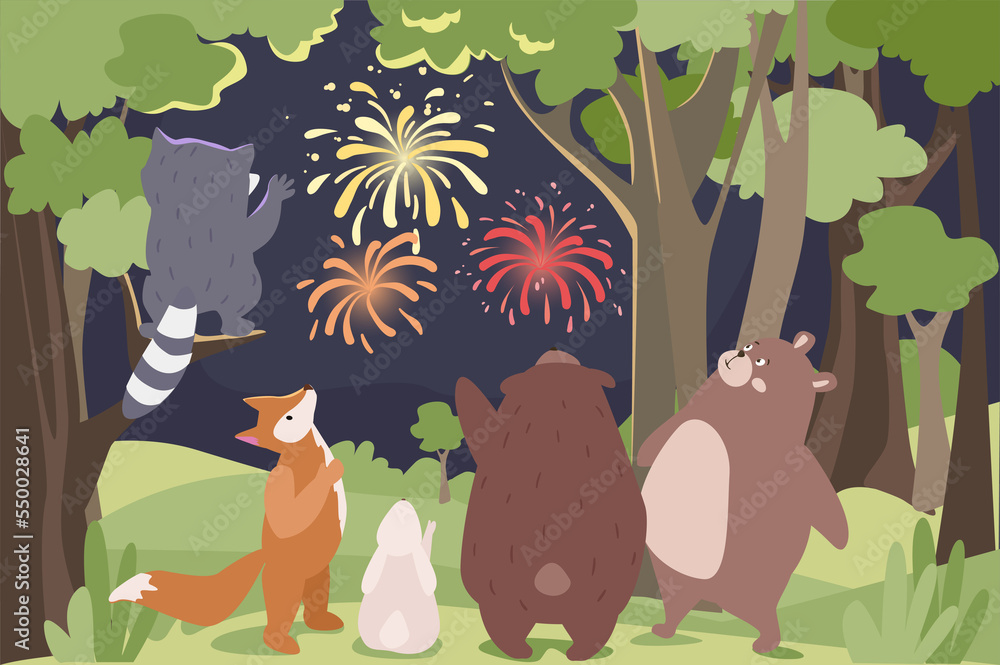 Animals watch fireworks concept background. Cute pets celebrate holiday ...