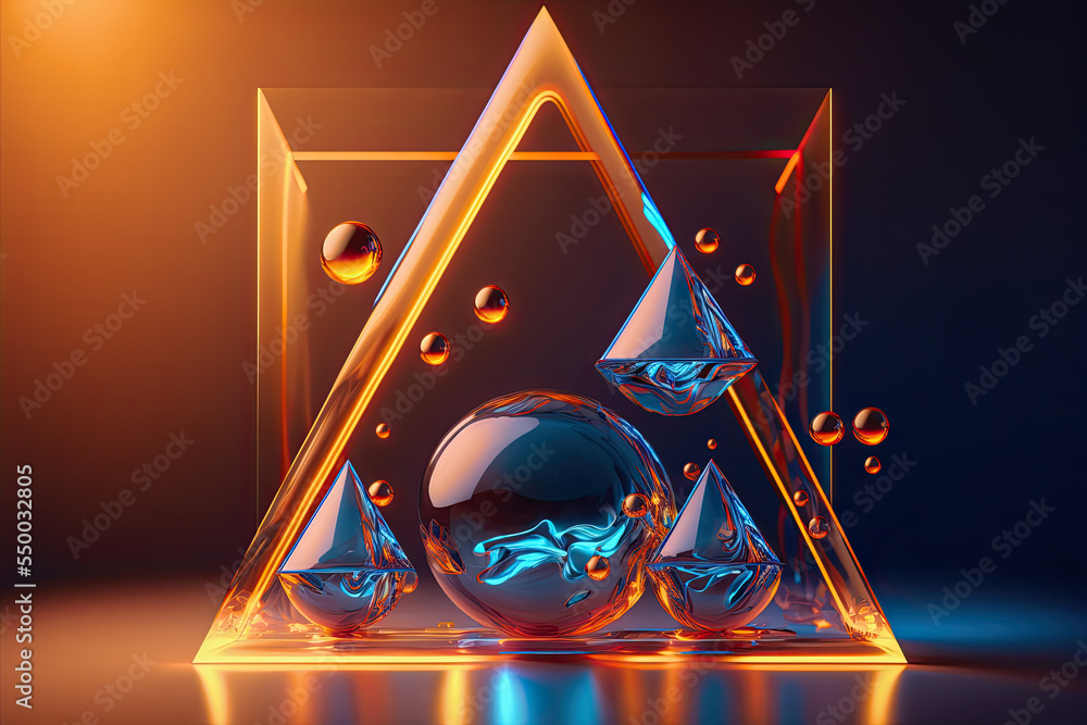 Abstract modern neon background with glass balls and laser triangle in ...