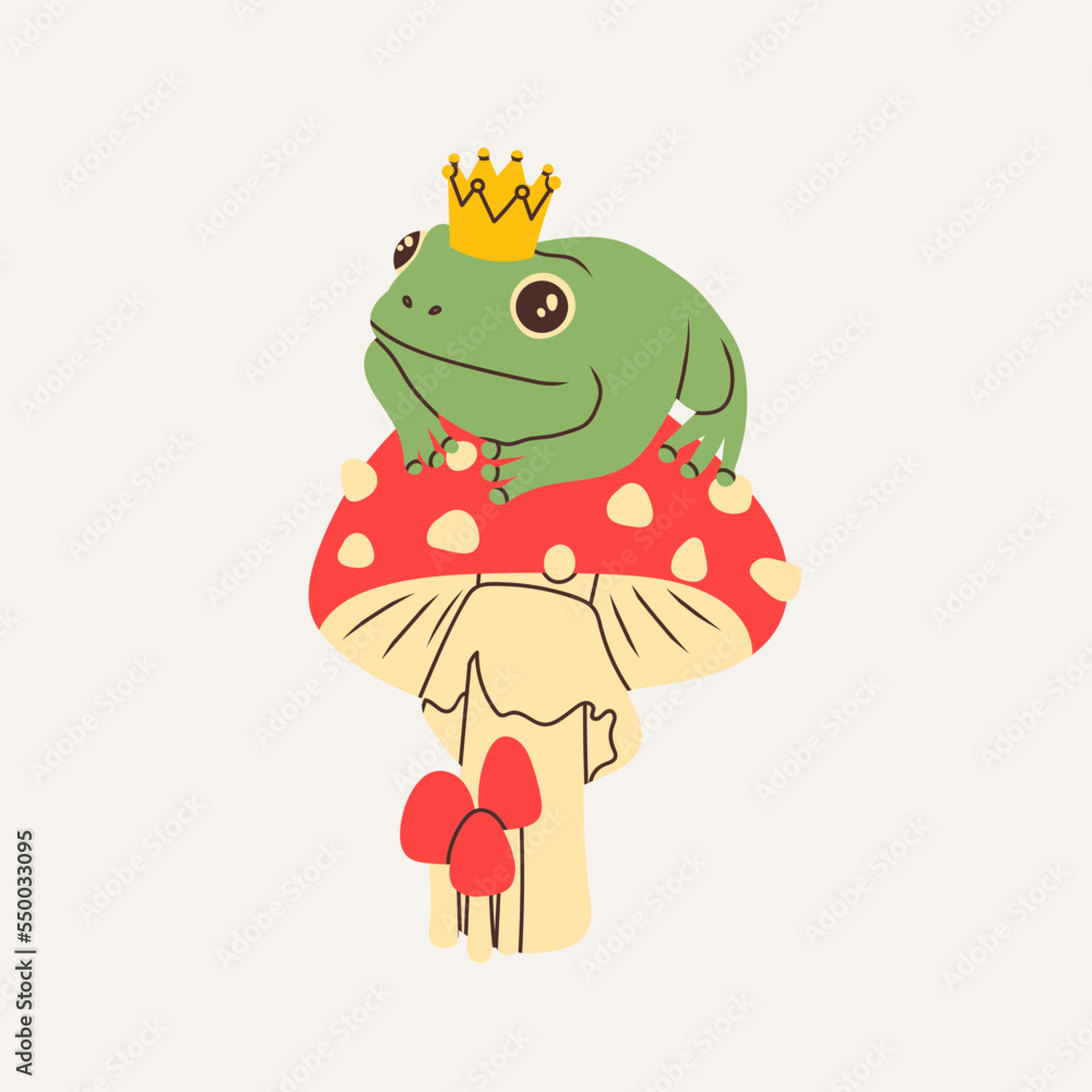 Cute green Frog. Little Frog princess with crown sitting on a red ... Cute green Frog. Little Frog princess with crown sitting on a red ...