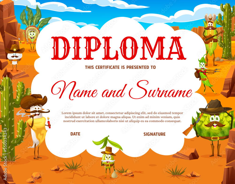 Kids diploma of cartoon cowboy, indian, sheriff and bandit vegetable ...