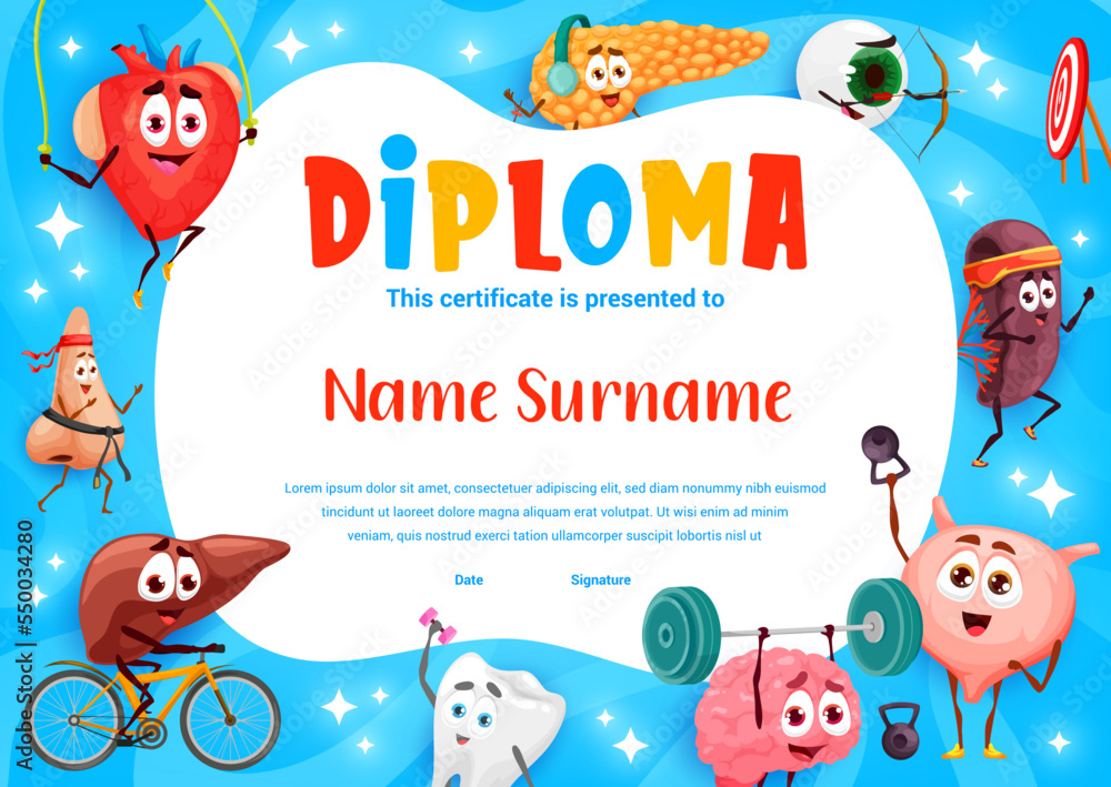 Kids diploma cartoon funny human organs sportsman characters. Vector ...