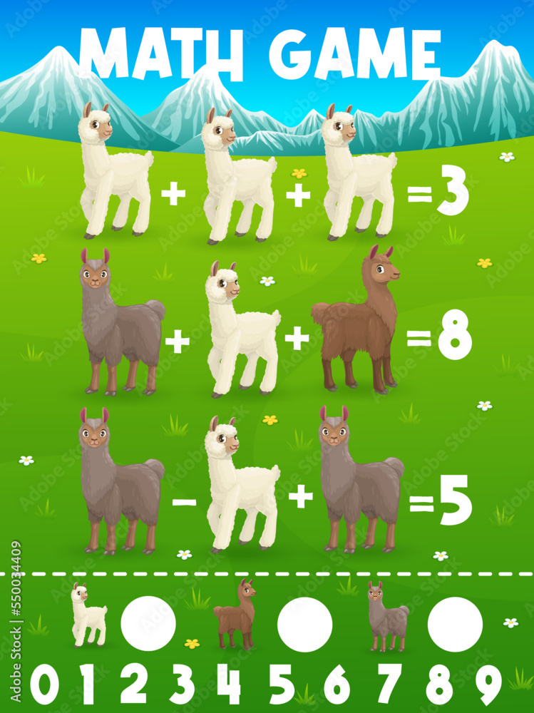 Lama, vicuna and guanaco math game worksheet. Vector counting puzzle ...